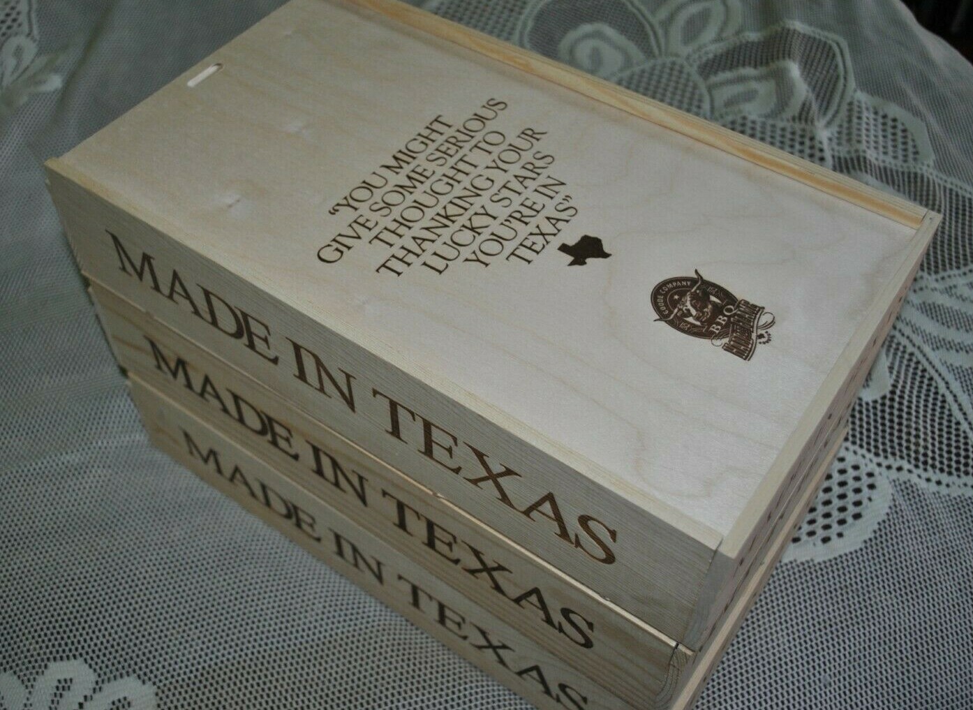 S/3 MADE IN TEXAS CRATE STORAGE BOX w/LID Wood Goode Co BBQ Hall of ...