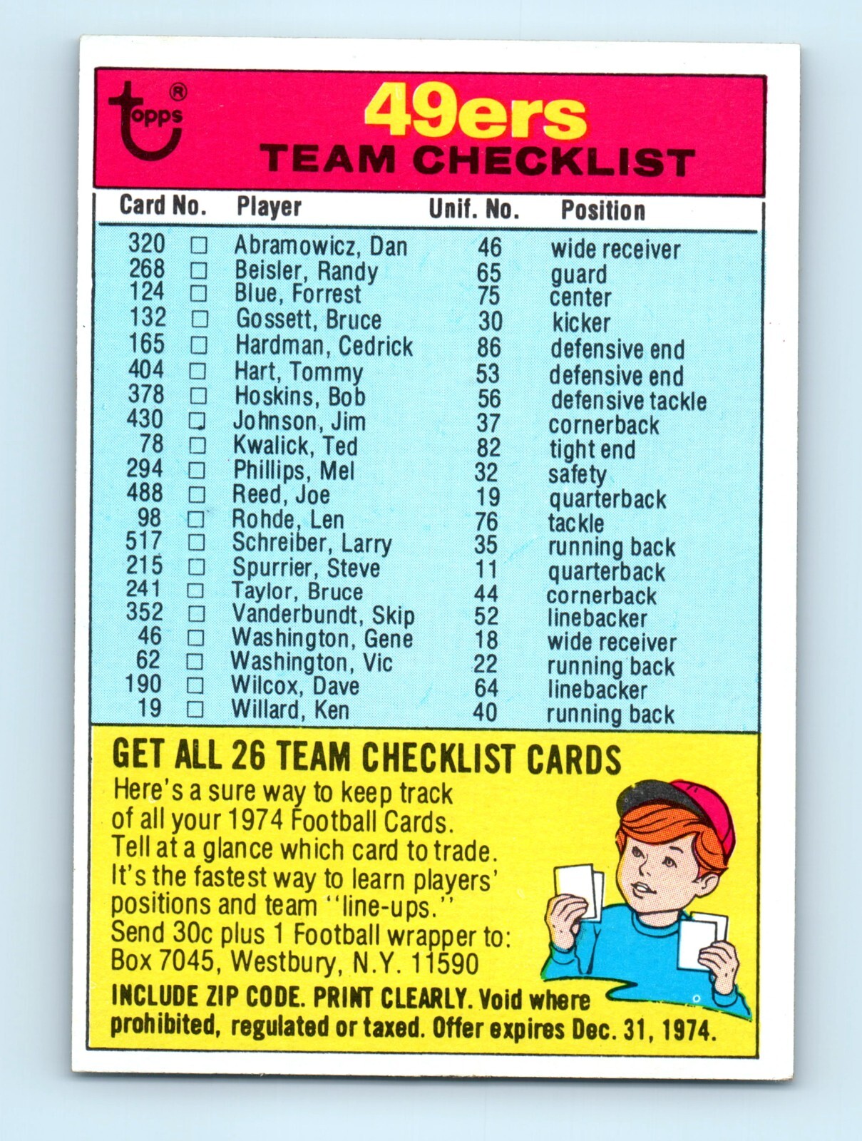 Unmarked 1974 Topps Football Team Checklist - Pick Your Card NM | eBay