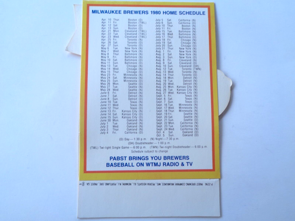 1980 Milwaukee Brewers Baseball Stand Up Schedule, Pabst Blue Ribbon ...