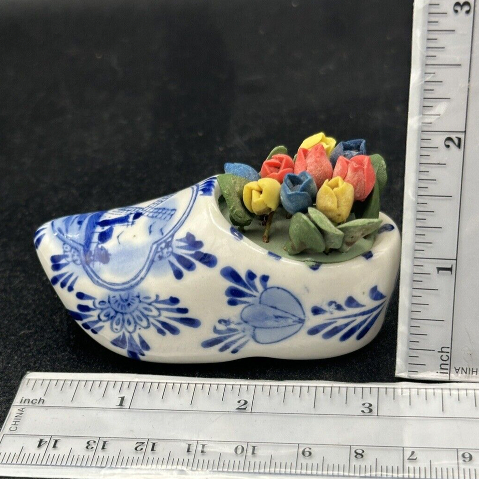 Hand-painted Delft Deco Holland Blue & White Porcelain Clog w/ Tulips ...