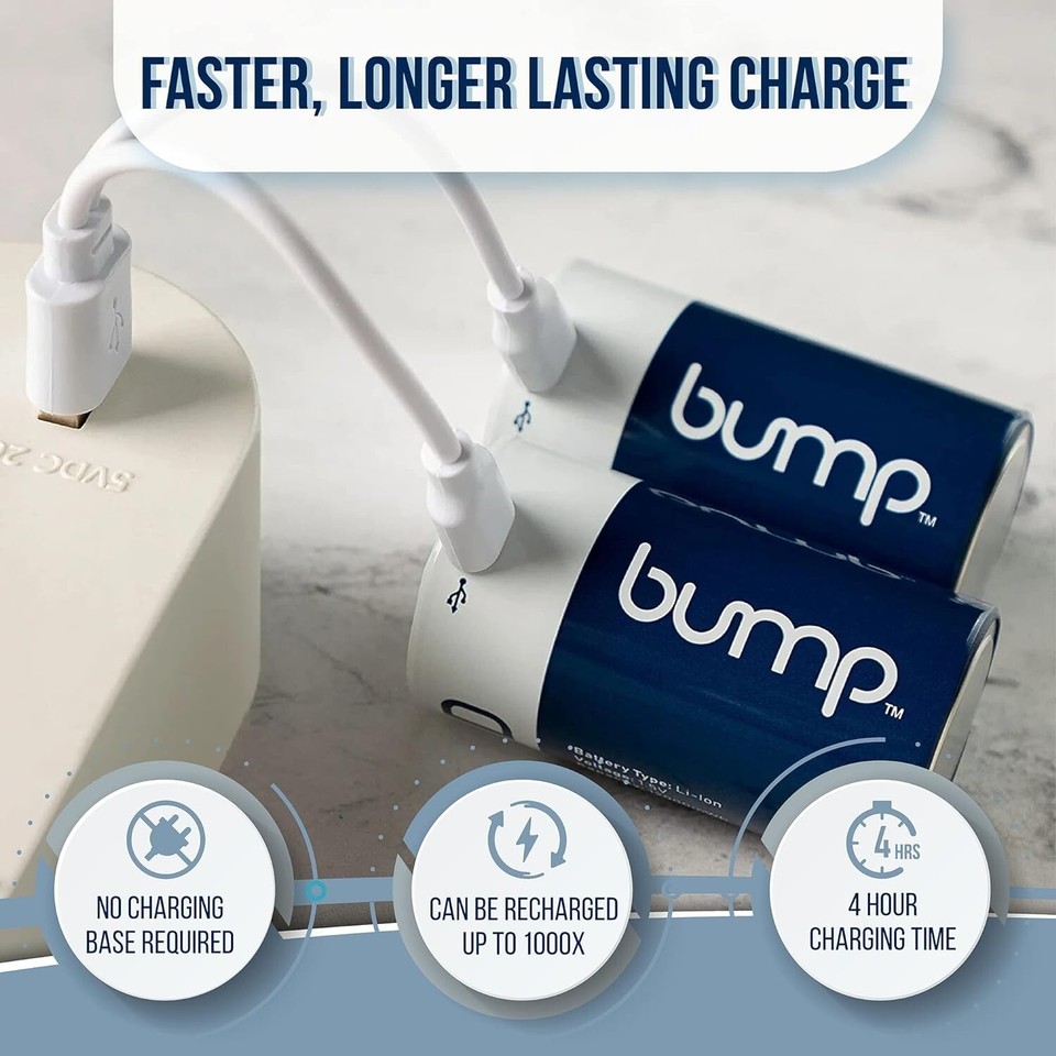 Bump 2 Pack D 1.5V Lithium Ion Rechargeable Batteries 12000mWh USB-C ...