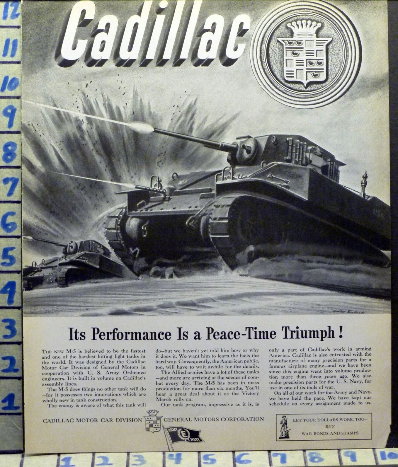 1942 CADILLAC TANK M-5 ARMY NAVY MILITARY WAR WWII BATTLE VINTAGE ART ...