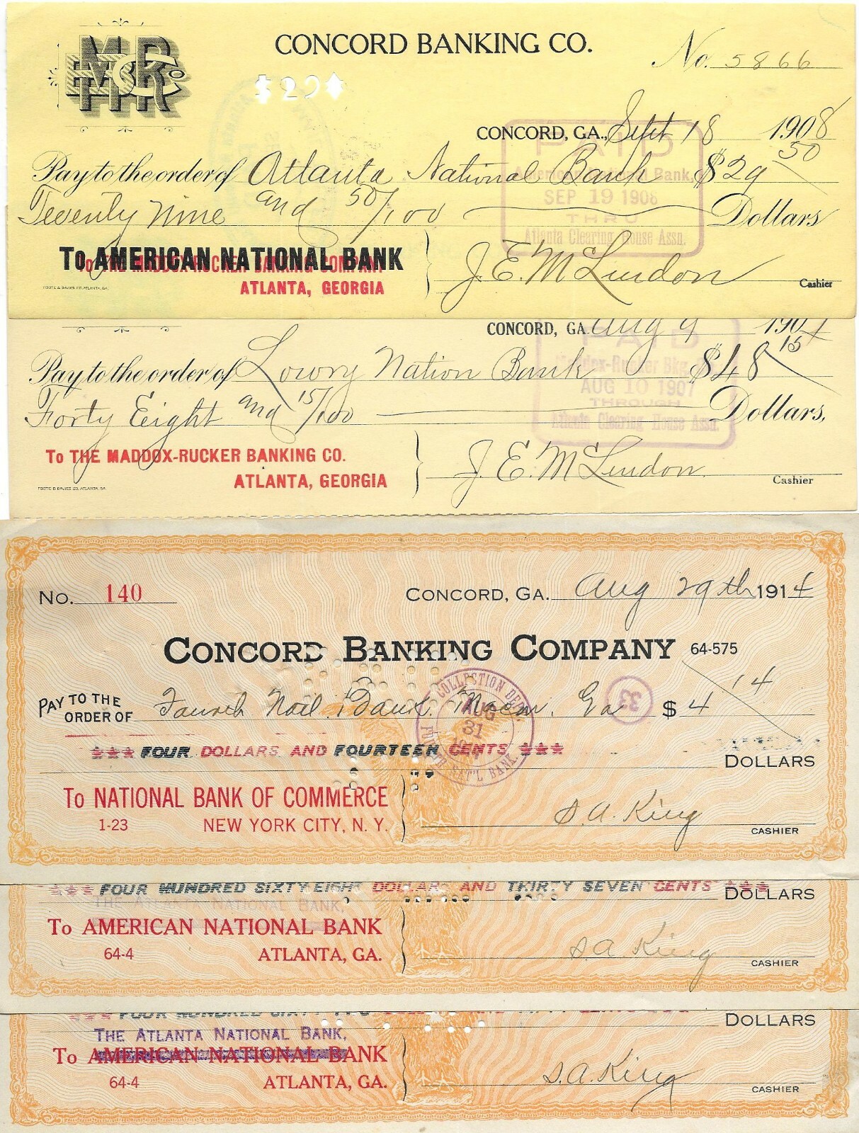 COMPLETE ARCHIVE 5 DIFF CONCORD GEORGIA BANK DRAFTS @ 1.19! 1907-17 ...