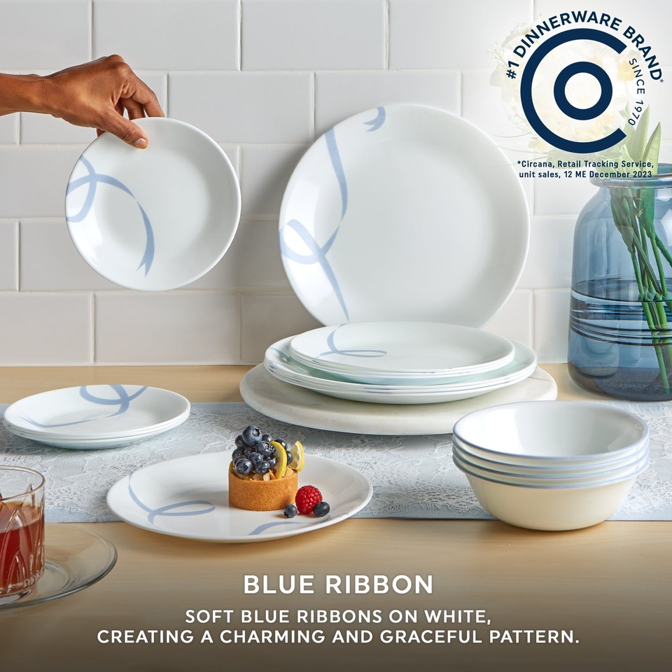 Corelle Blue Ribbons 12Piece Glass Dinnerware Set (Service for 4 ...