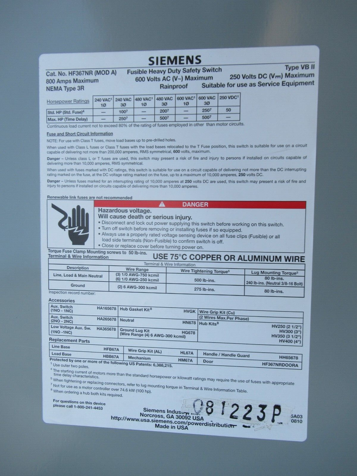 Siemens HF367NR Disconnect 800 Amp 600 Volt 3PH 4W NEMA 3R Fusible ...