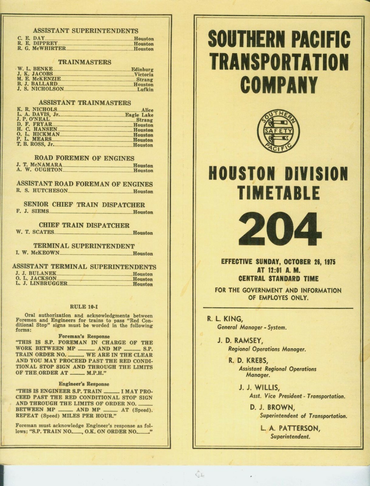 SOUTHERN PACIFIC RAILWAY ETT TIMETABLE HOUSTON DIVISION #204 10-25-1975 ...