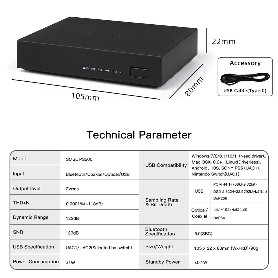SMSL PS200 Multifunctional Audio Decoder ES9039Q2M Built-in Bluetooth ...
