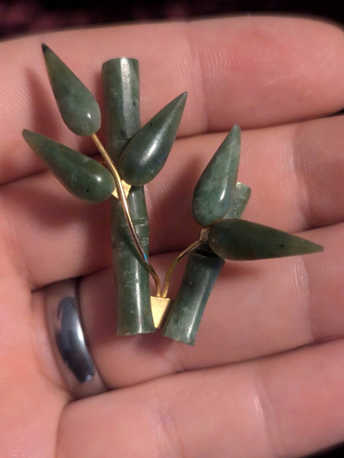 Vintage Bamboo Carved Nephrite Jade Branch Leaves Bro… - Gem
