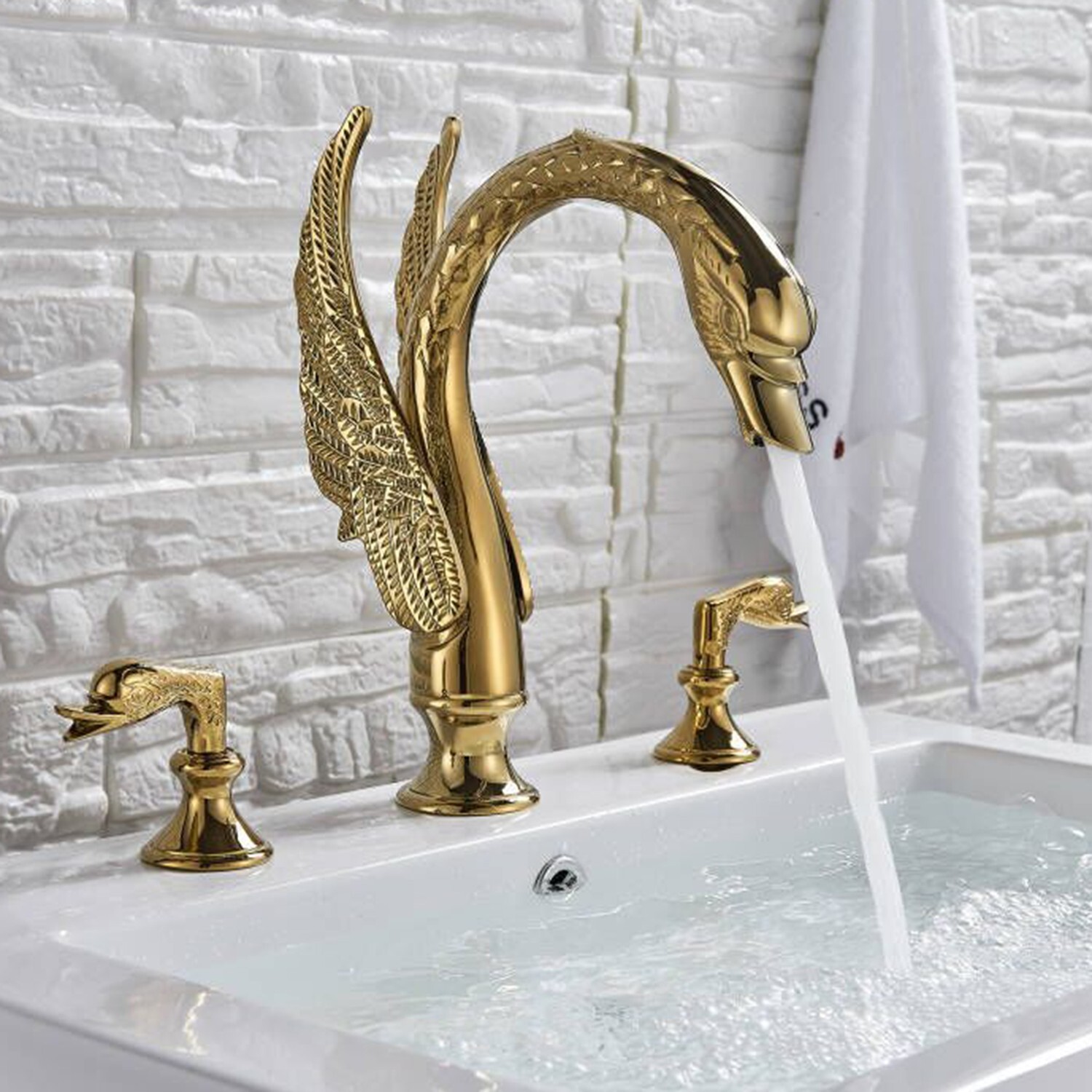 Gold Widespread Swan Bathroom Sink Faucet 3-Hole 2 Handles Deck Mount ...