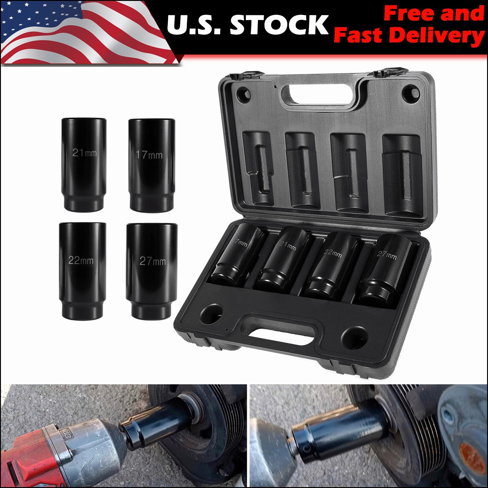 Crank Bolt Socket Set 17MM 21MM 22MM 27MM Heavy Duty 1/2 Drive Impact ...