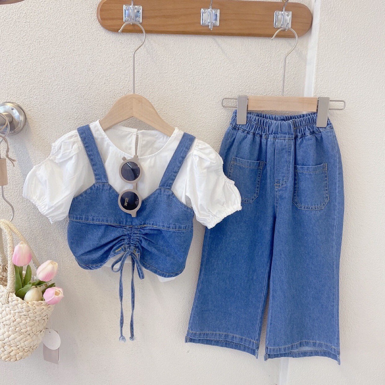 3Pcs Kids Baby Girls Jeans Outfits T-shirt Tops + Denim Pants + Straps ...