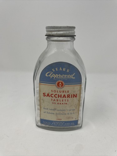 Vintage Sears Approved Soluble Saccharin Tablets 1/2 Grain Glass Bottle ...