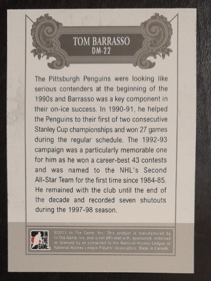 2013 - 2014 ITG Tom Barrasso Decades Mask The 1990s #DM-22 Hockey Card ...