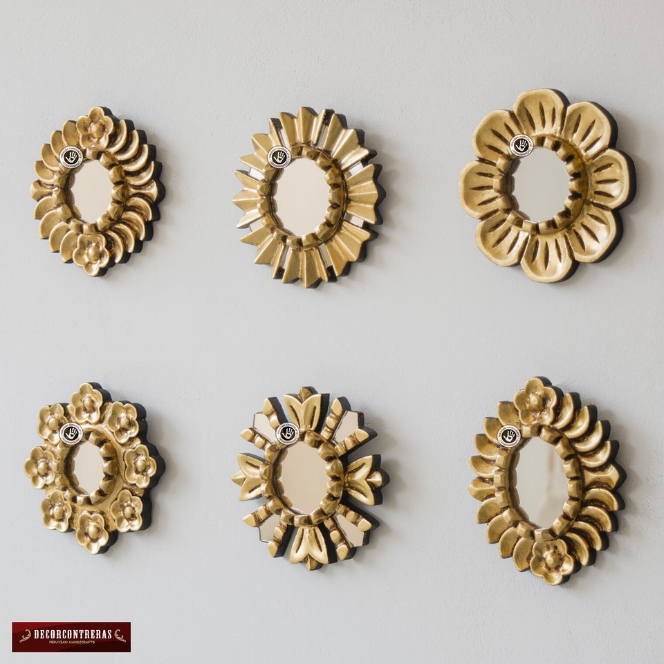 Small Sunburst Mirror set 6 "Gold Sun", Handmade Round mirror Wall 6in ...