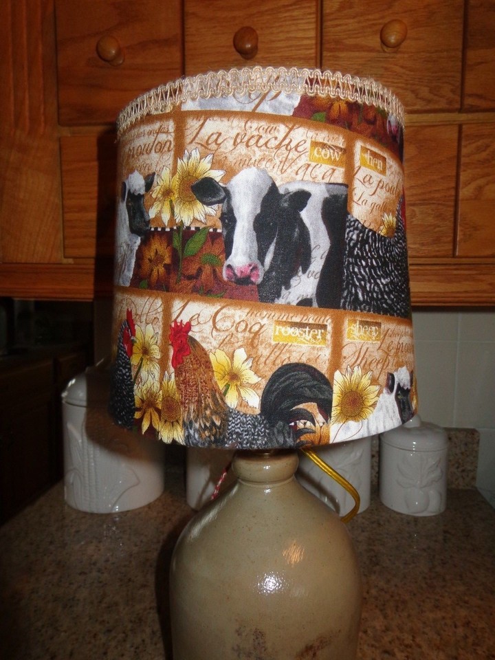 Antique Stoneware Jug Lamp/Country Cabin/Cow,Sheep,Hen Shade/Folk Art ...