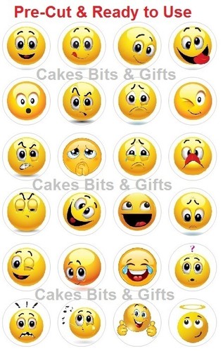24x EMOTICONS Edible Wafer Cupcake Cake Toppers - Pre Cut Ready to Use ...