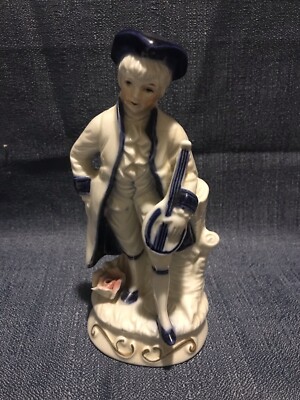Vtg Colonial Style Man Playing Mandolin Figurine Cobalt Blue & White ...