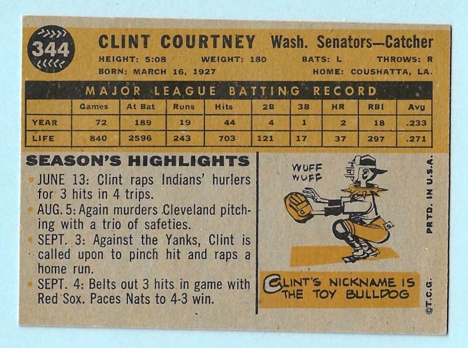 1960 Topps - #344 Clint Courtney Washington Senators - Near Mint | eBay