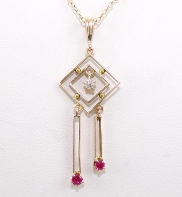VTG Antique Lavalier 10K Rose Gold Mine Cut Diamond Ruby Pendant ...