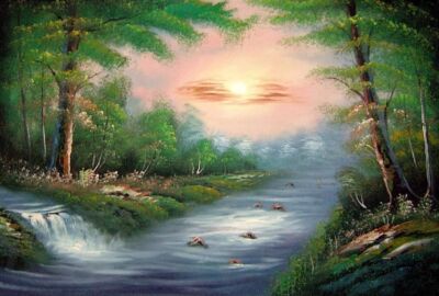24x36 Water Stream Merge with the Main Branch of the River Oil Painting ...