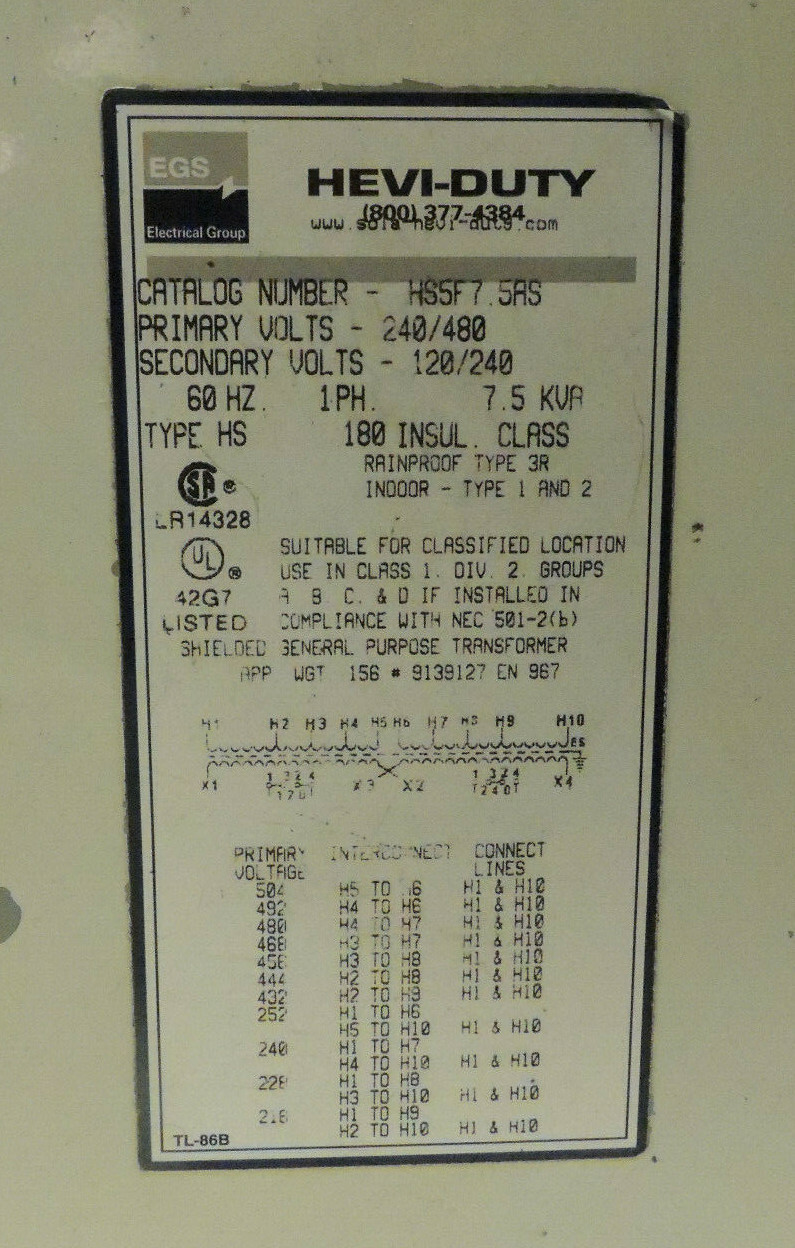 Used Hevi-Duty HS5F7.5AS Transformer 240/480V 7.5 KVA | eBay
