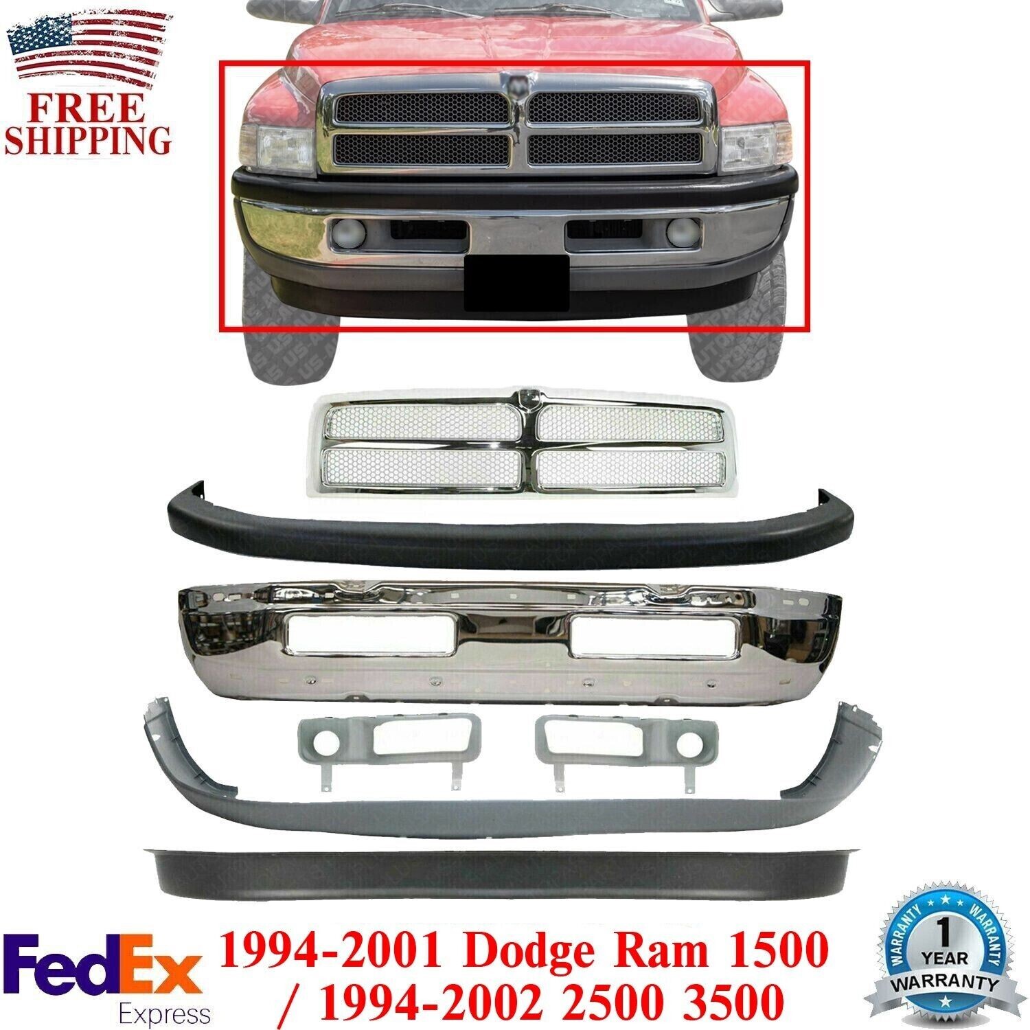 Front Bumper Chrome Kit + Grille + Fog Lamp Moldings For 1994-01 Dodge ...