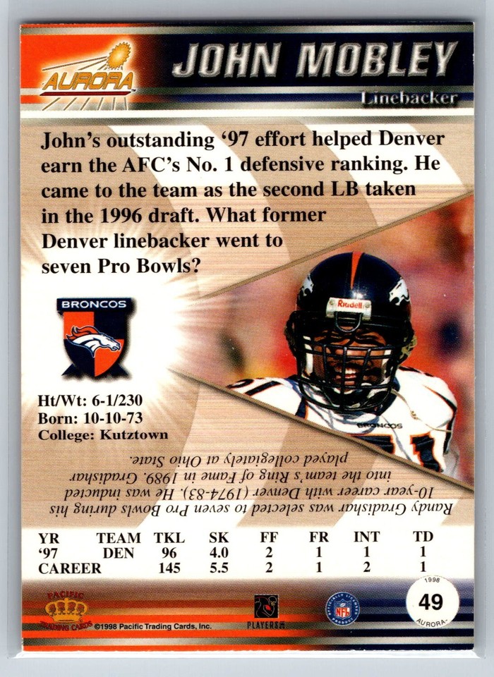 1998 Pacific Aurora John Mobley Denver Broncos #49 | eBay