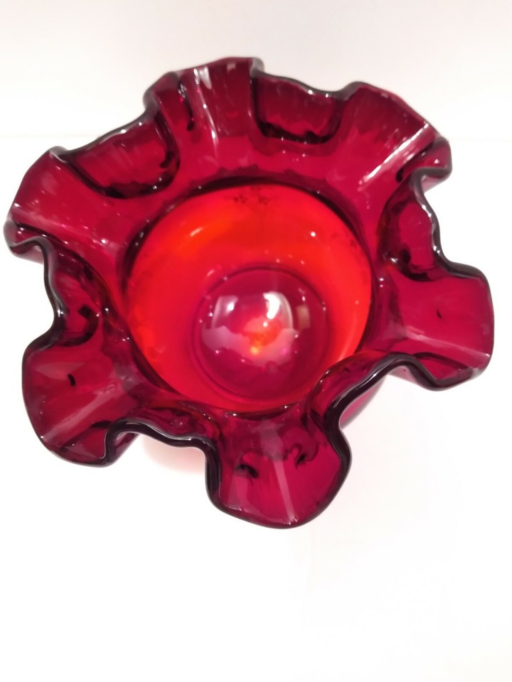 Fenton Ruby Red Glass Vase Wild Flowers Ruffled Edge Hand Painted ...