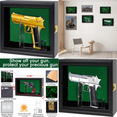 Gun Display Case Green Felt Wood Revolver Handgun Pistol Lock Shadow ...