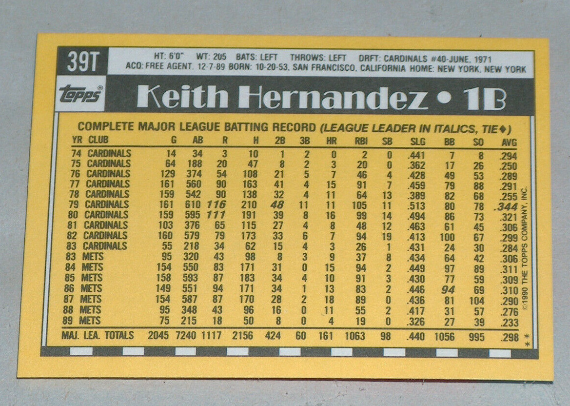 1990 Topps #39T Keith Hernandez Cleveland Indians Baseball Rookie RC ...