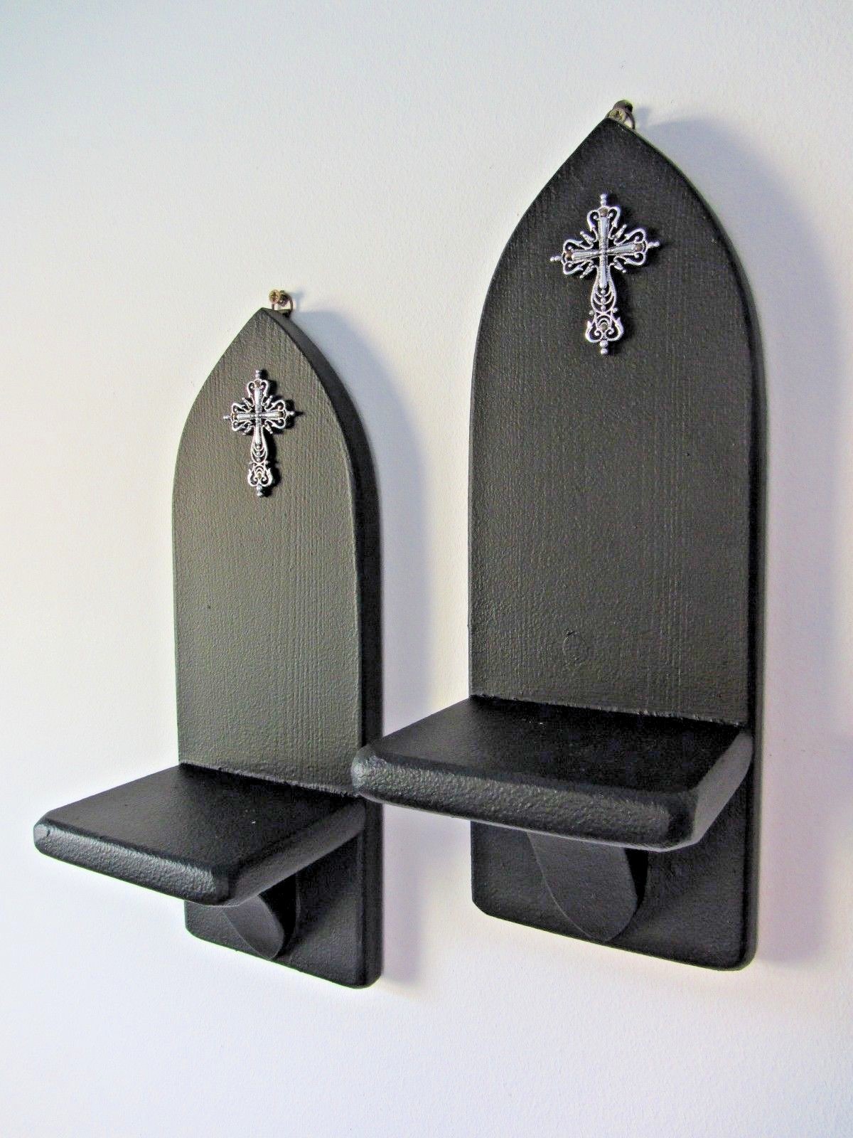PAIR CATHOLIC CHURCH WALL SCONCES MATTE BLACK LED CANDLE HOLDERS CROSS ...