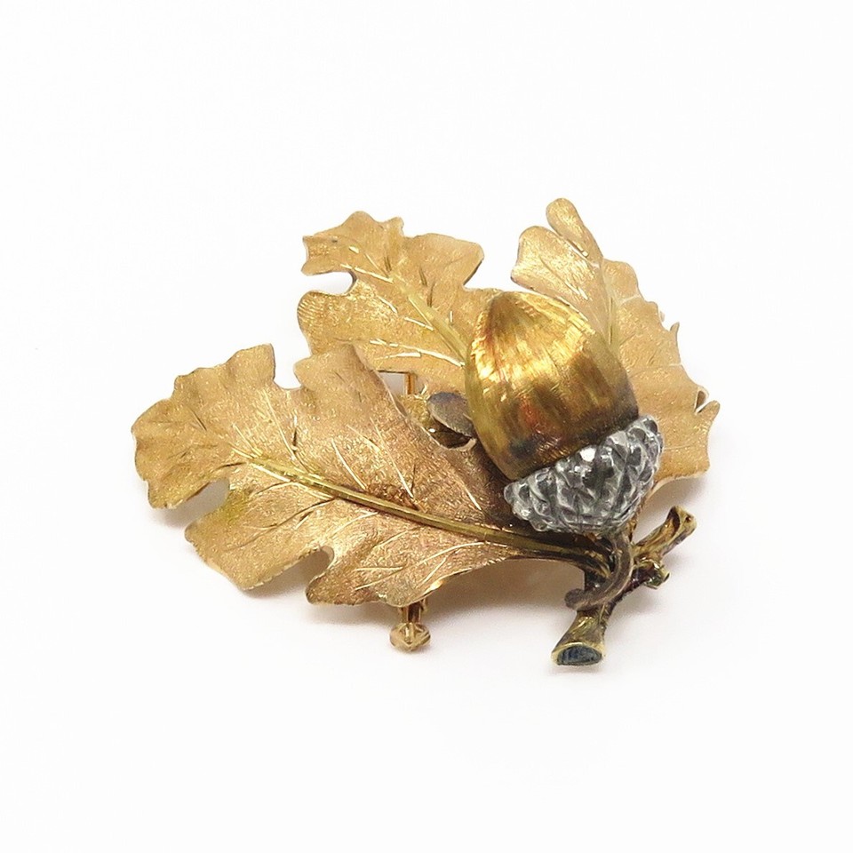 NYJEWEL Buccellati 18k Yellow Gold & Silver Acron Leaf Pin Brooch ...