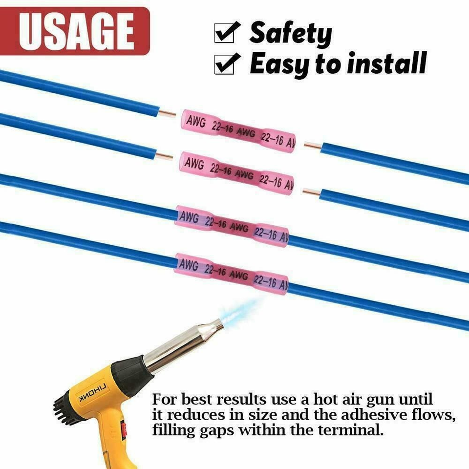 100~300Pcs Red Heat Shrink Butt Wire Connectors Crimp Terminals AWG 16 ...