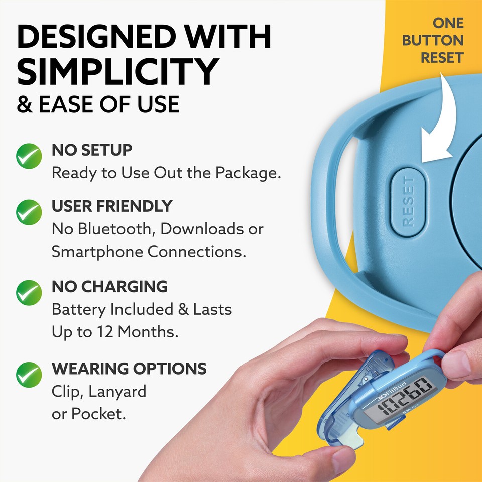 3DFitBud Simple Step Counter Walking 3D Pedometer with Clip and Lanyard ...