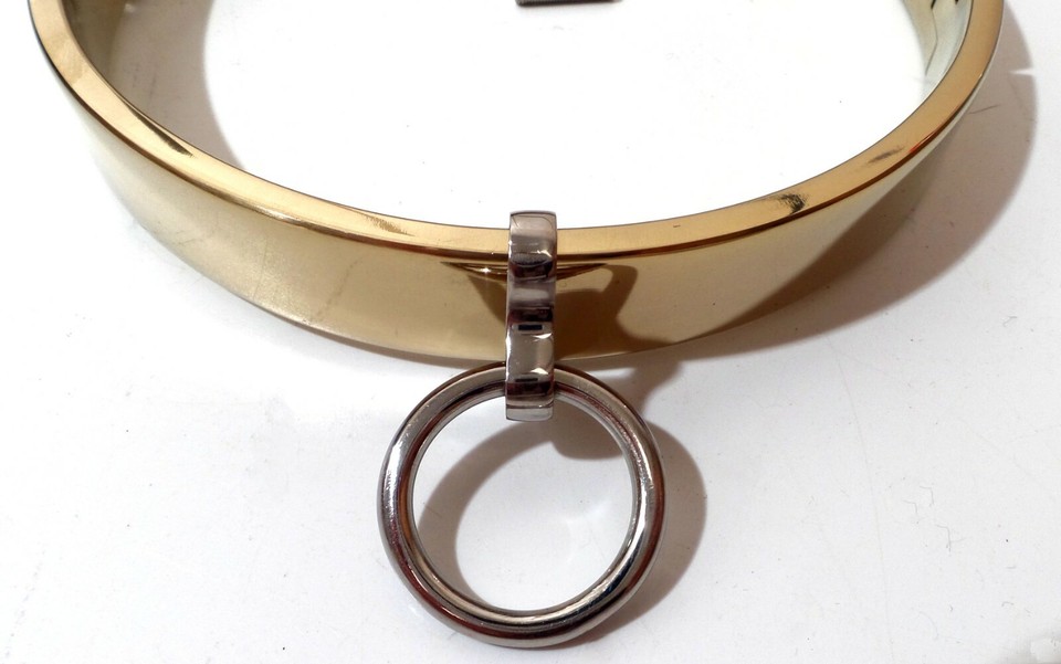 16" Locking Flat Gold Titanium Finish Slave Collar Stainless Steel BDSM ...