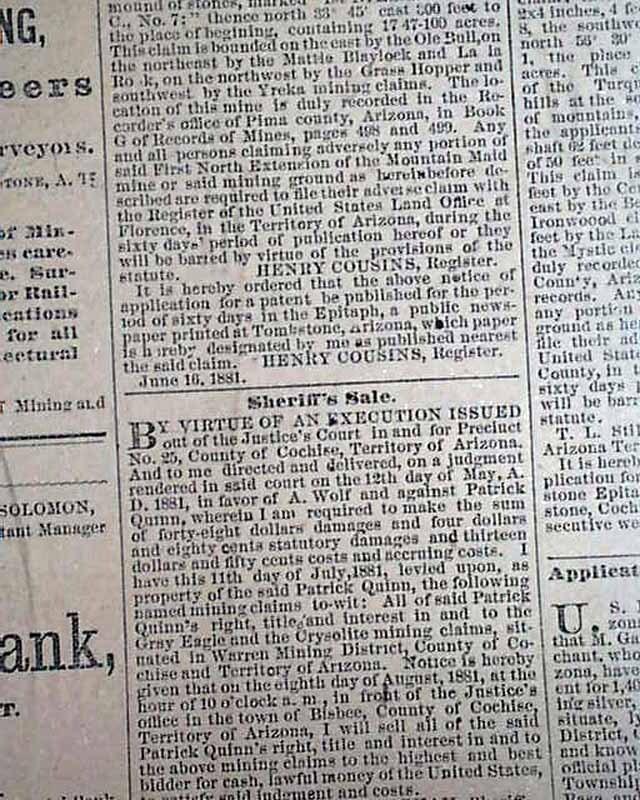 Rare TOMBSTONE EPITAPH Pre Gunfight at the O.K. Corral AZ Arizona 1881 ...