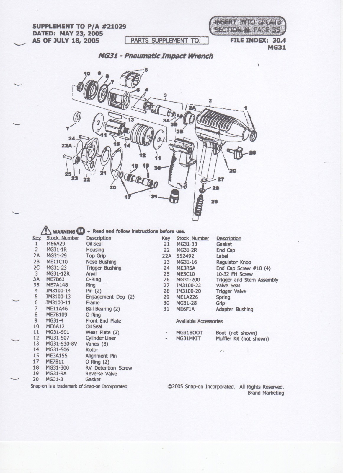 SNAP ON IM3100,IM6100,IM6500HP,MG31,XT7100: 2-VALVE SEATS+T. VALVE ...