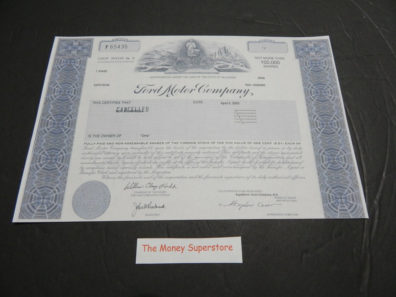 Ford Motor Company 2002 stock certificate COPY of original document ...