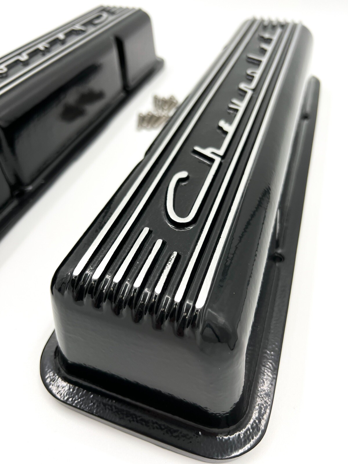 Black Finned "Chevrolet" Script Valve Covers For Small Block Chevy - No ...