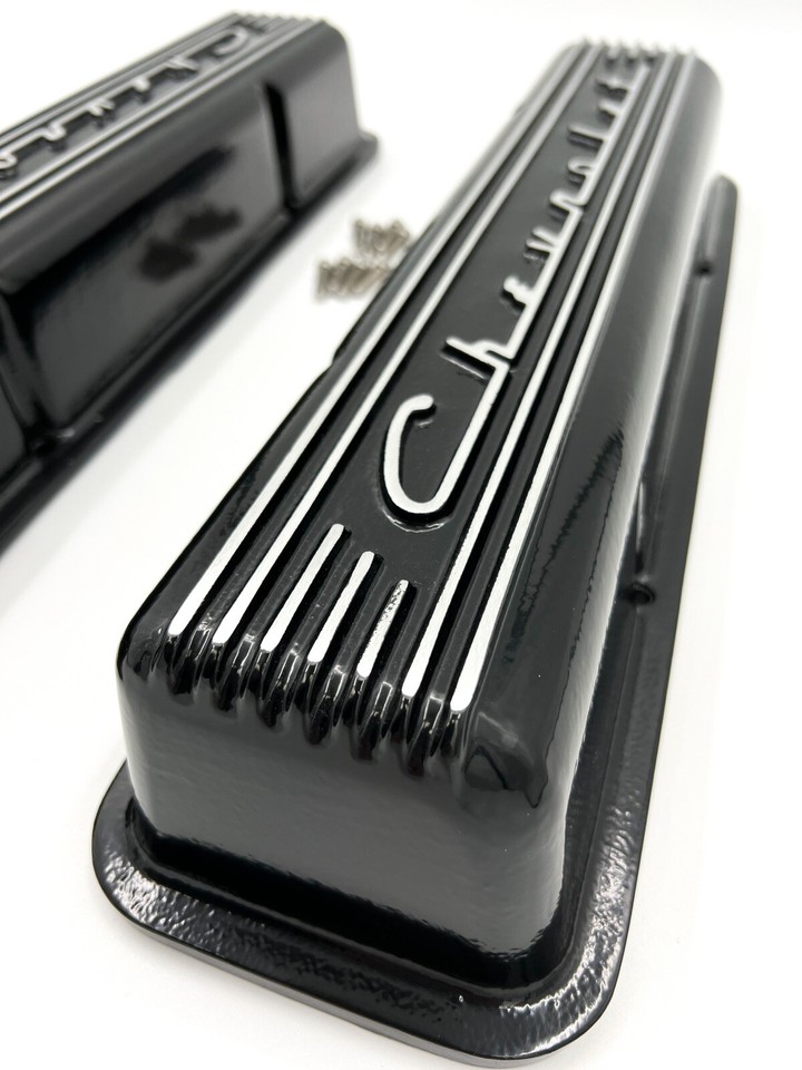 Black Finned "Chevrolet" Script Valve Covers For Small Block Chevy - No ...