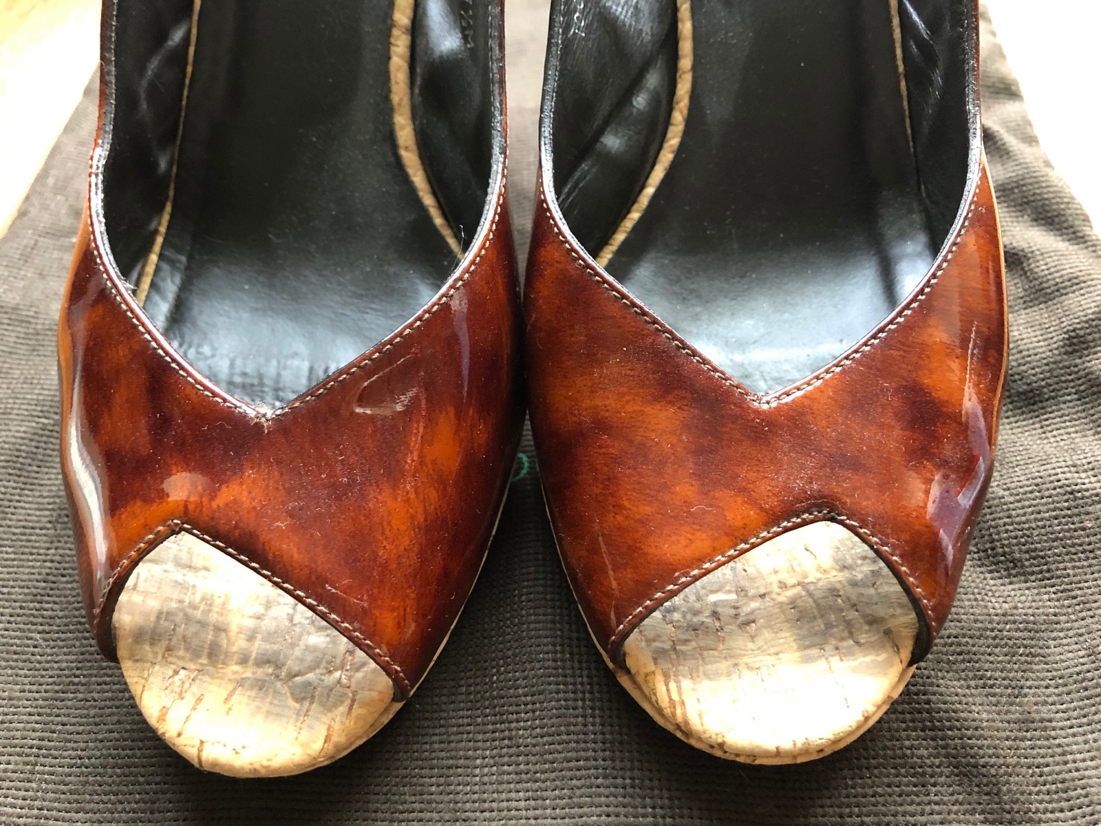 Donald J Pliner Couture Tortoise shell patent brown leather Cork heels ...