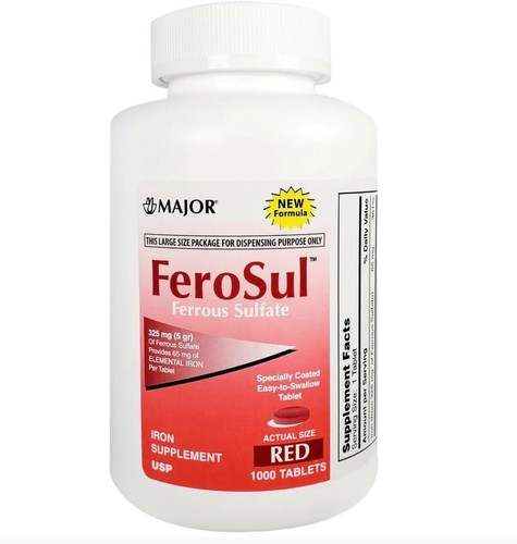 Major FeroSul 325 mg 1000 Tablets Ferrous Sulfate Iron Supplement Red ...