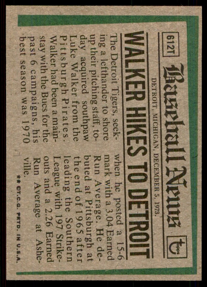 1974 Topps Luke Walker Baseball Cards #612T | eBay