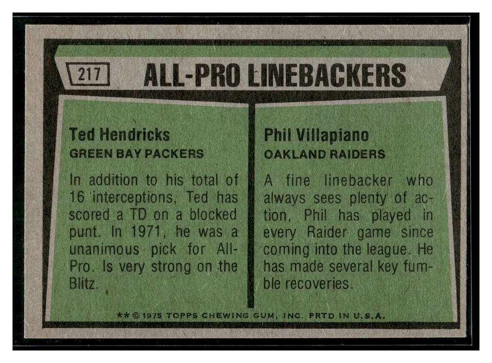 1975 Topps #217 1974 All-Pro Linebackers (Ted Hendricks / Phil ...
