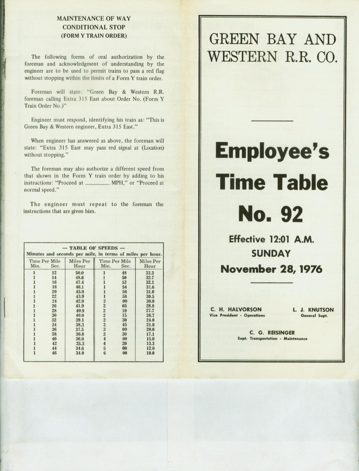 GREEN BAY & WESTERN R.R. ETT TIMETABLE SYSTEM #92 11-28-1976 15 PAGES ...