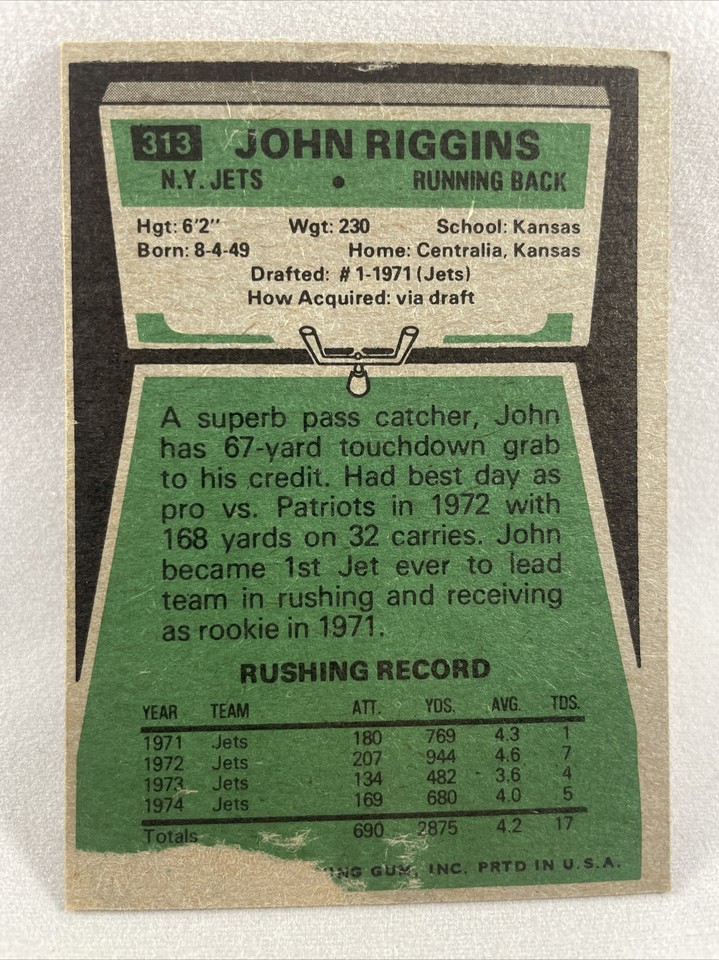 1975 Topps Football Card #313 John Riggins New York Jets | eBay