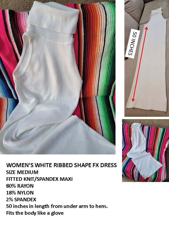 WOMEN’S SEXY WHITE RIBBED SHAPE FX DRESS SIZE M - FITTED KNIT/SPANDEX ...