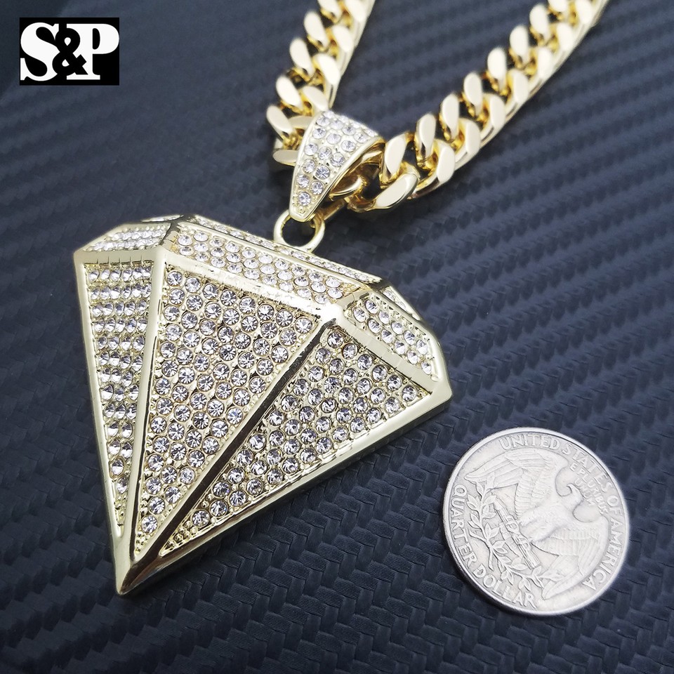 Gold Plated Alloy Cubic Zirconia Diamond Shape 30" Cuban Chain Hip Hop ...