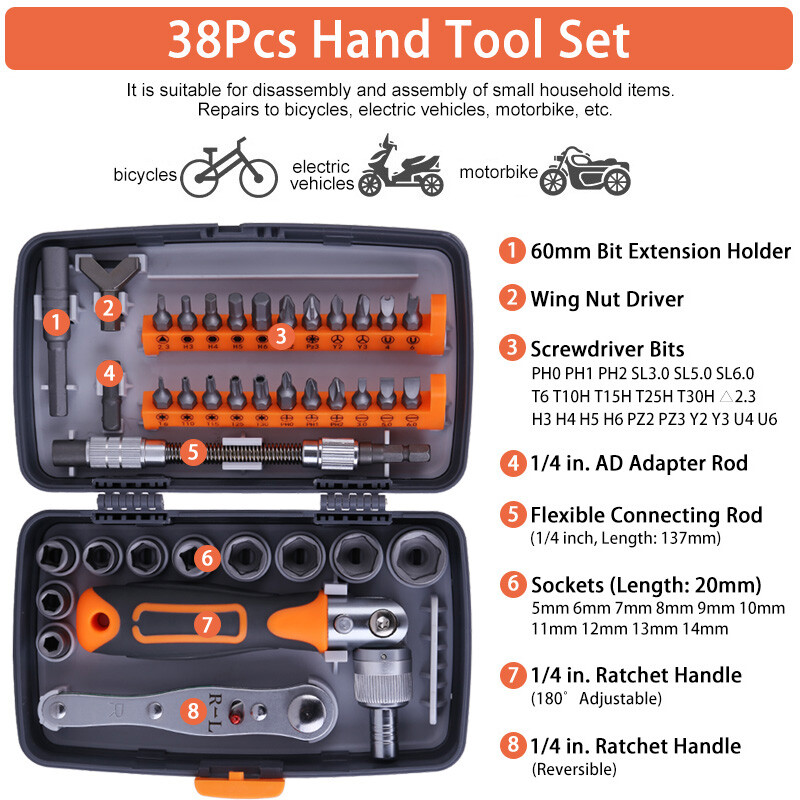 38Pcs Hand Tool Set Mechanics Tool Kit Ratchet Wrench Drive Socket Bits ...