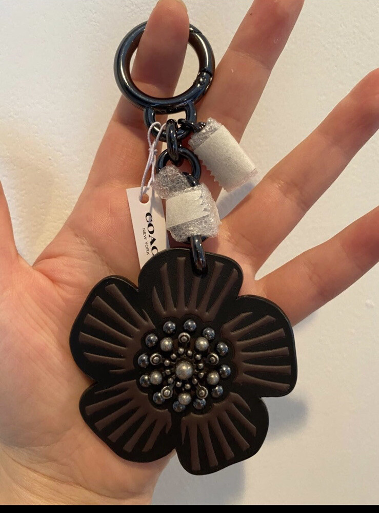 COACH Tea Rose Leather Key Fob Bag Charm Keychain Black | eBay